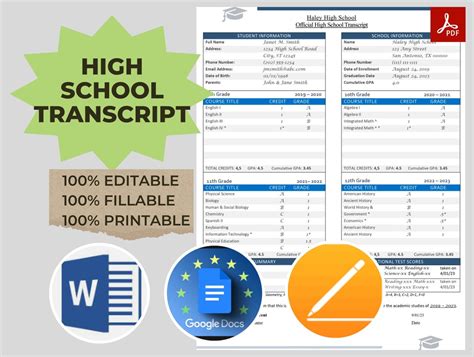 High School Transcript Template Printable Fillable Printables