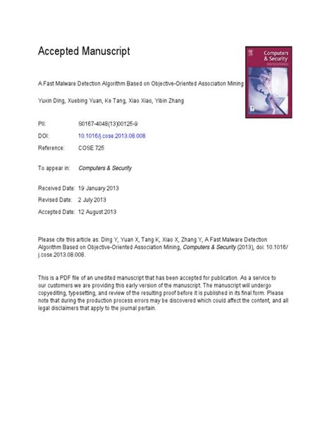 A Fast Malware Detection Algorithm Based On Objective Oriented Association Mining Pdf