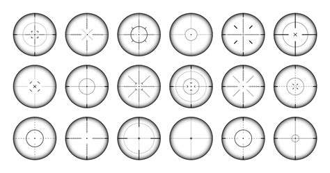 다양한 무기 광경 저격 소총 광학 범위 십자선이 있는 사냥용 총 뷰파인더 조준 사격 표시 기호 군사 표적 기호 실루엣 게임 인터페이스 Ui 요소 벡터 그림 프리미엄 벡터