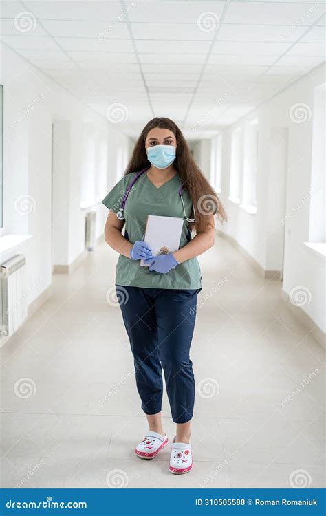 Caucasian Attractive Female Nurse Ot Sudent Wear Uniform And