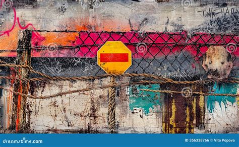 Borders Between Countries Conceptual Art Prohibition Elements Yellow Stop Sign Metal Fence