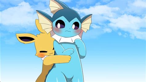 A Cartoon Character Hugging Another Character In Front Of A Blue Sky