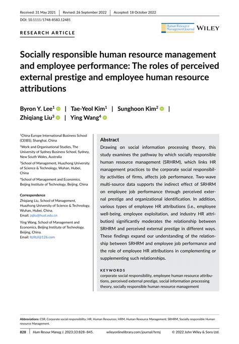 Socially Responsible Human Resource Management And Employee Performance The Roles Of Perceived