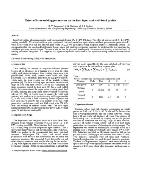 Effect Of Laser Welding Parameters On The Heat Input And Weld Bead Profile Pdf Regression