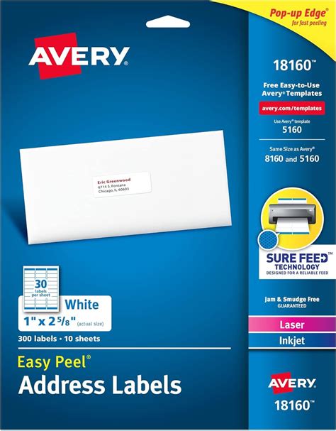 Avery 18160 Easy Peel Address Labels With Sure Feed Templates 1 X 2 5