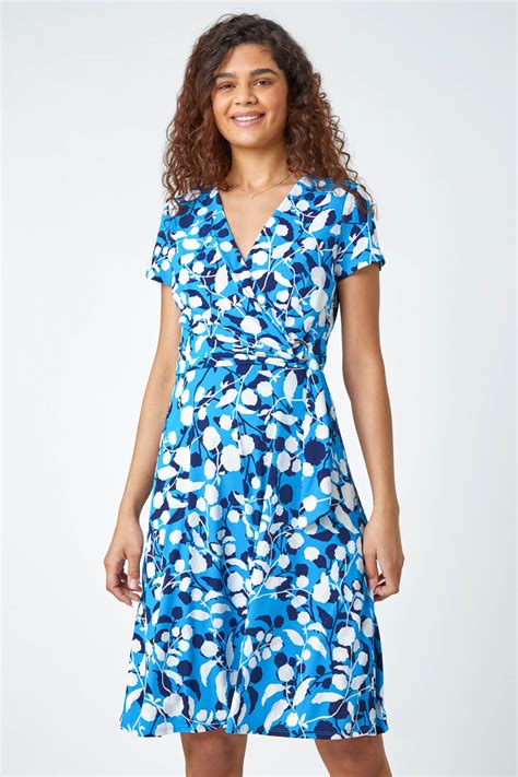 Turquoise Floral Stretch Wrap Skater Dress Roman Uk