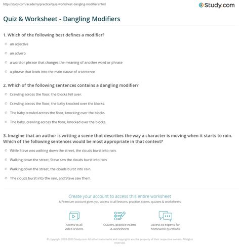 Quiz And Worksheet Dangling Modifiers
