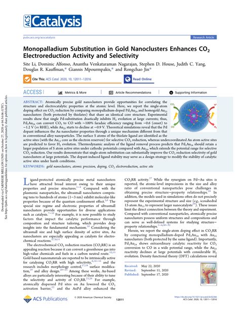Pdf Mono Palladium Substitution In Gold Nanoclusters Enhances Co2 Electroreduction Activity