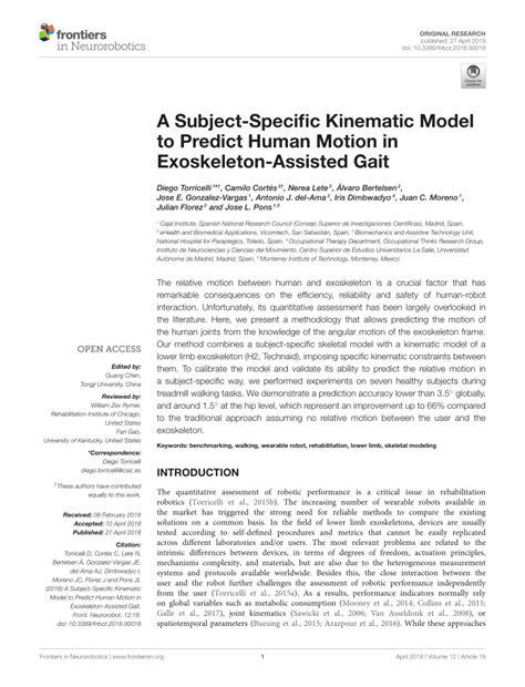 PDF A Subject Specific Kinematic Model To Predict Human Motion In Exoskeleton Assisted Gait