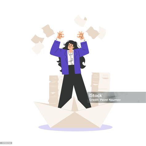 서류 벡터 일러스트레이션의 부하와 종이 보트에 여자 캐릭터와 사무실 관료제 개념에 대한 스톡 벡터 아트 및 기타 이미지 개념 계약서 고역 Istock