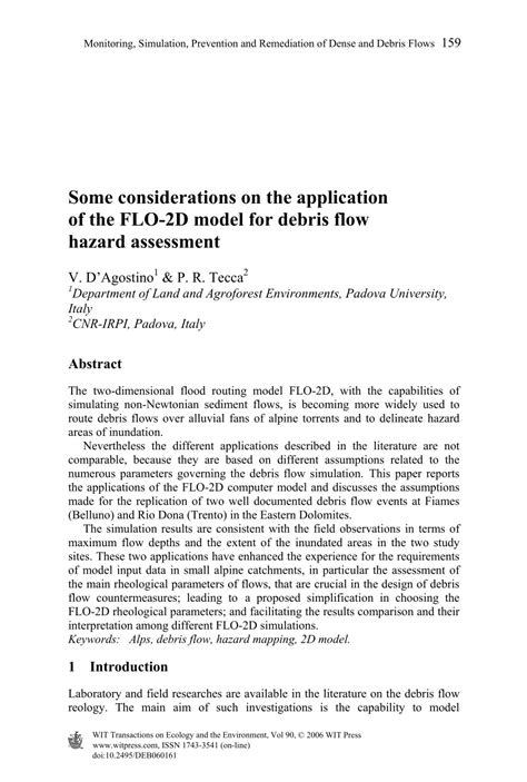 Pdf Some Considerations On The Application Of The Flo 2d Model For