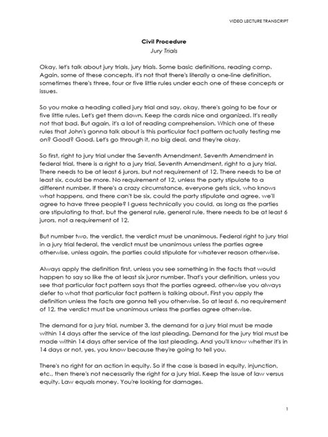 Civil Procedure Transcript ΓÇö Jury Trials Pdf Jury Trial Jury Selection