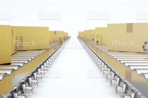 배달 포장 서비스 및 소포 운송 시스템 개념 컨베이어 벨트 3d 렌더링에 골 판지 상자 패키지 갈색에 대한 스톡 벡터 아트 및