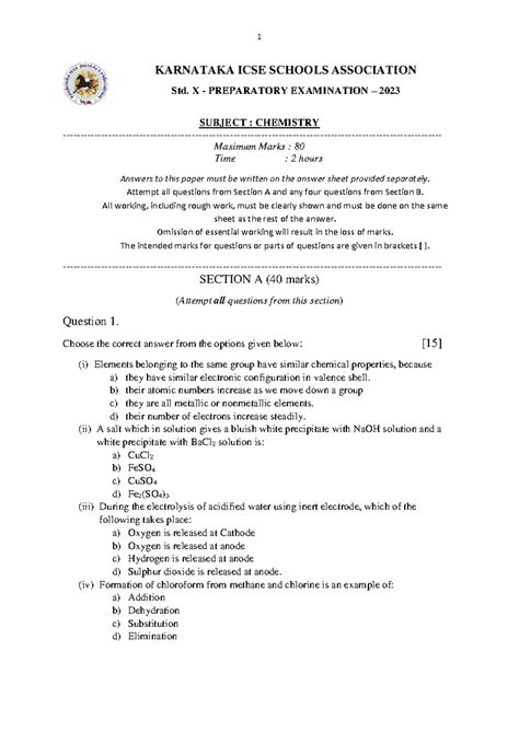 Kisa Chemistry Qp Notes And Papers Karnataka Icse Schools Association Std X Preparatory