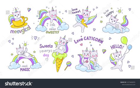 유니콘 고양이귀여운 도들 카와이 얼굴과 인용구를 스톡 벡터로열티 프리 1673460655 Shutterstock