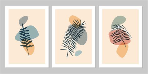 Hand Drawn Botanical Wall Art Abstract Set Boho Tropical Leaf With