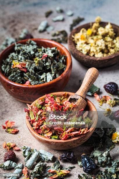 약초가있는 나무 그릇 박하 라즈베리 모과 카모마일 및 장미 대체 의학의 말린 허브 건강한 생활 방식 약초 0명에 대한 스톡 사진 및 기타 이미지 Istock
