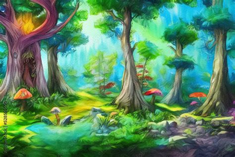 Watercolor And Oil Fantasy Forest Landscape Magic Trees Mushrooms