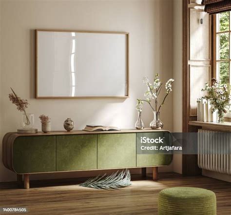 거실의 Commode 및 장식이있는 가정 인테리어 배경의 포스터 프레임 모형 액자에 대한 스톡 사진 및 기타 이미지 액자