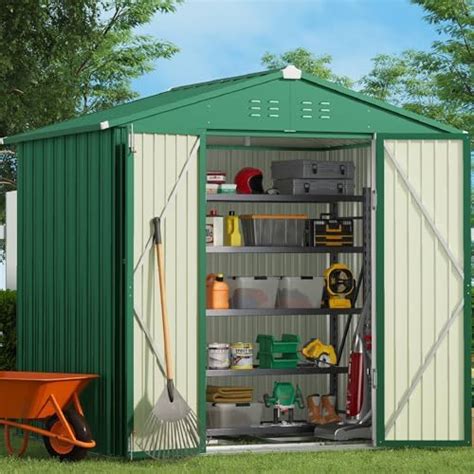 Amazon Gizoon 8 x 6フィート 屋外収納小屋 メタルベースフレーム付き 亜鉛メッキメタルガーデン小屋 ダブルロック可能な