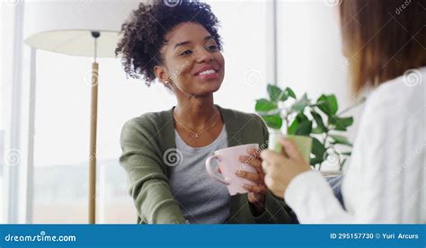 Coffee Happy And Girl Friends In Conversation In The Living Room