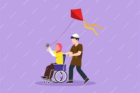 만화 플랫 스타일 그리기 행복한 장애 아동이 함께 노는 모습 활동적인 아라비아 소년이 연을 날리며 휠체어에 탄 어린 소녀를 밀고 있습니다 장애인은 밖에서 즐거운 시간을