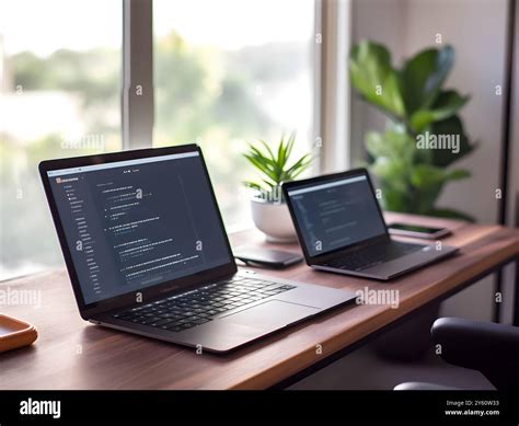 A Modern Remote Work Setup Featuring Two Laptops On A Stylish Desk With