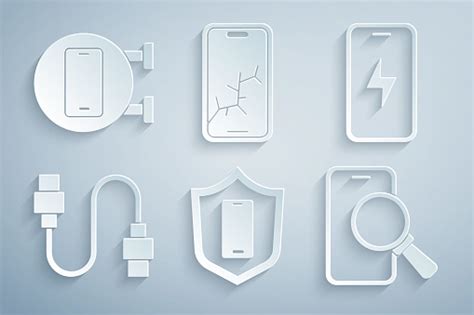 실드 충전 배터리 Usb 케이블 코드 전화 수리 서비스 깨진 화면 및 아이콘으로 모바일을 설정하십시오 벡터 3차원 형태에 대한 스톡 벡터 아트 및 기타 이미지 Istock