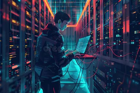 A Hacker Focuses Intently On A Laptop Screen In A Glowing Data Center
