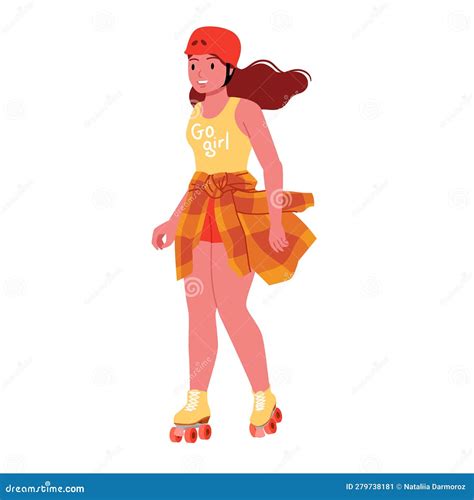 Girl In Roller Skates Happy Cute Sporty Young Woman Wearing Boots With