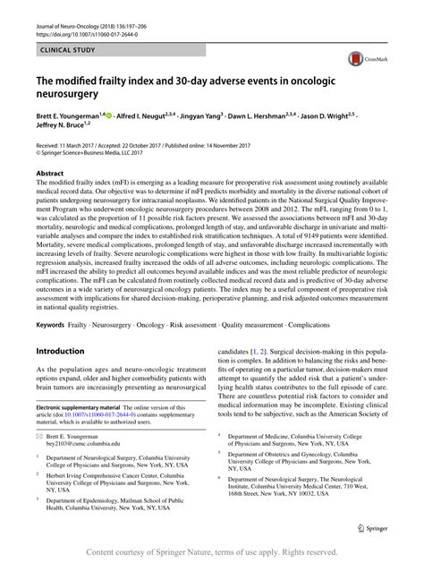 The Modified Frailty Index And 30 Day Adverse Events In Oncologic Neurosurgery Request Pdf