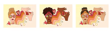 무지개 안경을 쓴 그루비 히피 소녀 초상화 70년대 복고풍 여성들은 다양한 피부색 옵션 재미있는 긍정적인 포스터 또는 플래카드 티셔츠 프린트 미리 만들어진 템플릿 벡터 팩에