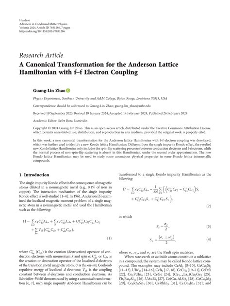 Pdf A Canonical Transformation For The Anderson Lattice Hamiltonian With F F Electron Coupling