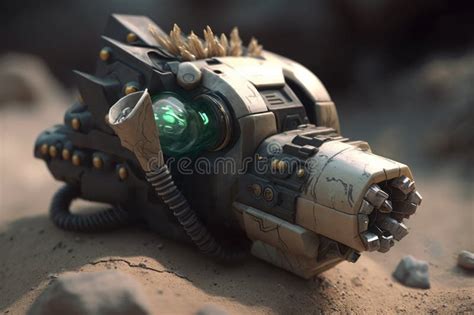 Close Up Of Alien Blaster Pistol With Smoking Muzzle And Spent Casings