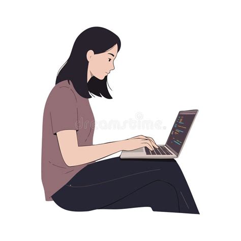 Young Woman Programmer Coding On Laptop In Casual Clothing Sitting