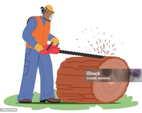 보호 장구를 착용한 작업자가 전기톱을 사용하여 큰 통나무를 자릅니다 만화 벡터 이미지는 안전 정밀도를 강조합니다 기술에 대한 스톡 벡터 아트 및 기타 이미지 Istock