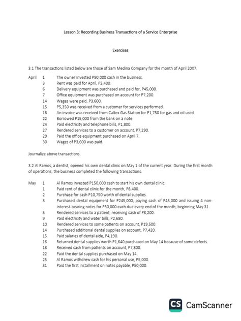 Lesson 3 Exercises Recording Transactions Of A Service Enterprise Pdf Business Accounting