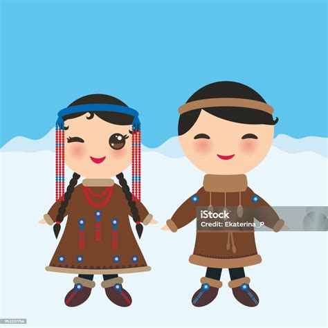 Chukcha 야쿠트어 에스키모 소년 그리고 국립 제복 및 모자 소녀 전통적인 알래스카 아이 들 만화 드레스 얼음 하늘 눈 풍경