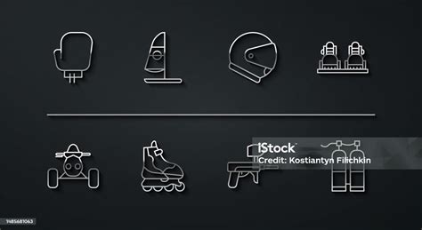 세트 라인 권투 장갑 Atv 오토바이 스노우 보드 페인트 볼 총 롤러 스케이트 윈드 서핑 Aqualung 및 헬멧 아이콘 벡터 거리표식에 대한 스톡 벡터 아트 및 기타