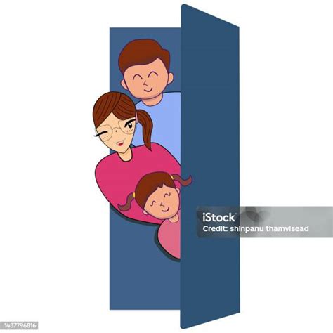 열린 문 뒤에서 바라보는 캐릭터 플랫 드로잉 가족 아빠 엄마 딸이 문을 엿보고 있다 출입구에 서 있는 쾌활한 가족 기다리는 손님