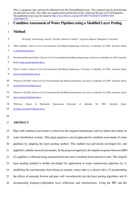 Pdf Condition Assessment Of Water Pipelines Using A Modified Layer