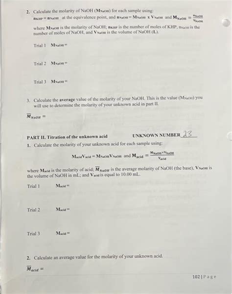 Solved PART I Standardization Of NaOH Solution DATA TABLE Chegg