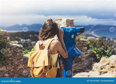 Hipster Tourist Look Observant Binoculars Telescope On Panoramic View Lifestyle Concept Trip