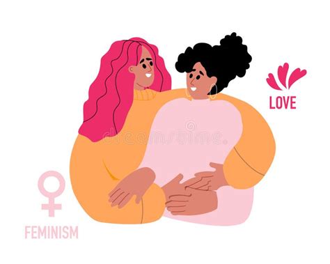 Lgbtq Gay Lesbian Couple In Love Hugging Each Other With Text Stock