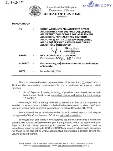 Bureau Of Customs Memo 2018 12 017 Documentary Requirements For The