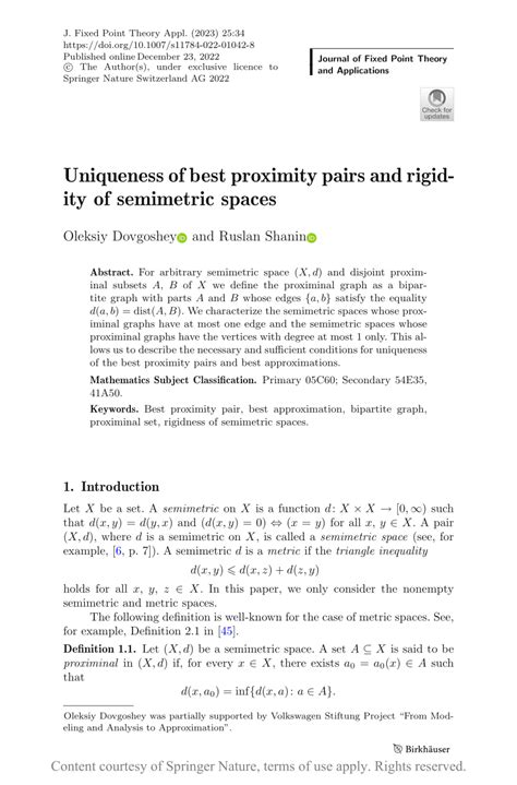 Uniqueness Of Best Proximity Pairs And Rigidity Of Semimetric Spaces Request Pdf