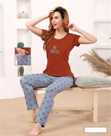 Printed Ladies Hosiery Light Brown Round Neck Night Suit Half Sleeve