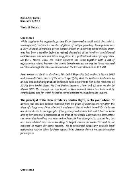 Week 11 Tutorial 2021law 2017 Questions 2021law Torts 1 Semester 1