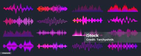 カラフルな音波コレクションアナログおよびデジタルオーディオ信号音楽イコライザー干渉音声録音高周波電波ベクトルの図 アイコンのベクターアート