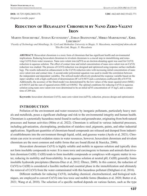Pdf Reduction Of Hexavalent Chromium By Nano Zero Valent Iron